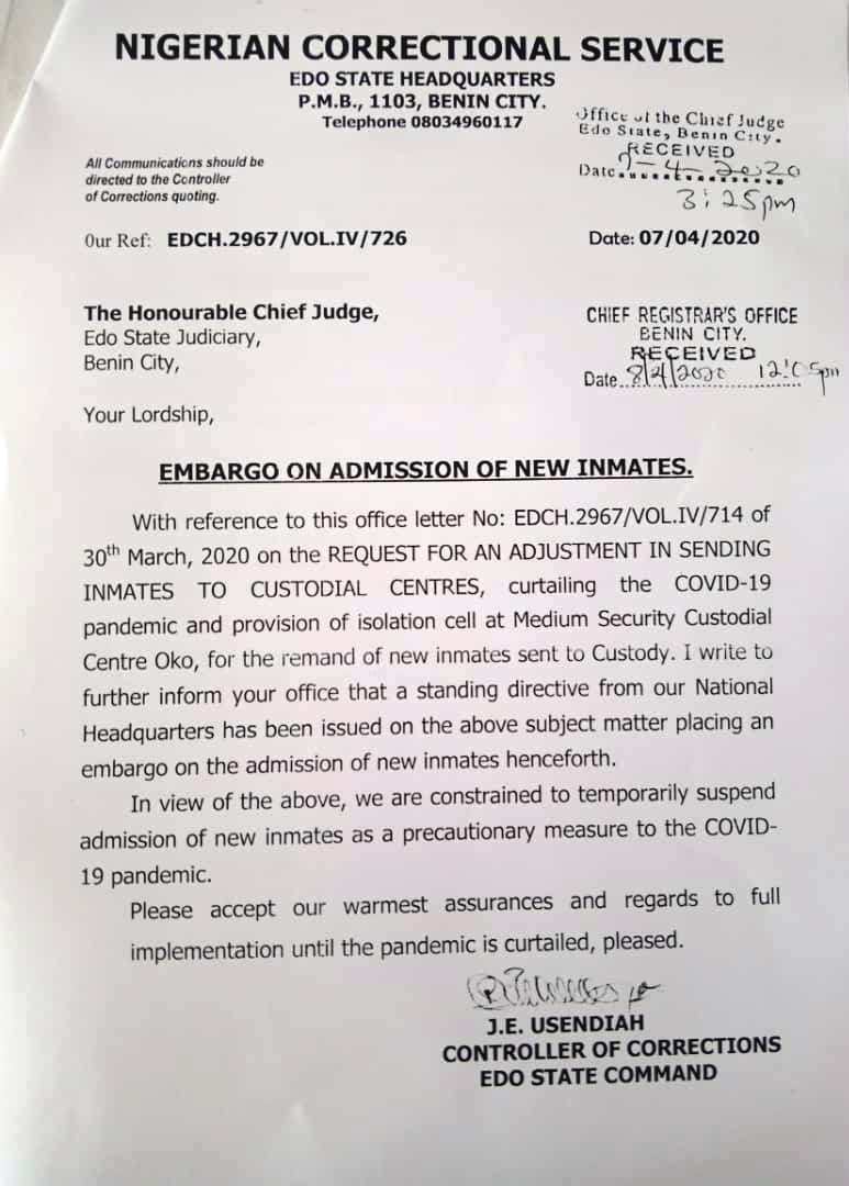 NIGERIAN CORRECTIONAL SERVICE EMBARGO ON ADMISSION OF NEW INMATES - Law ...